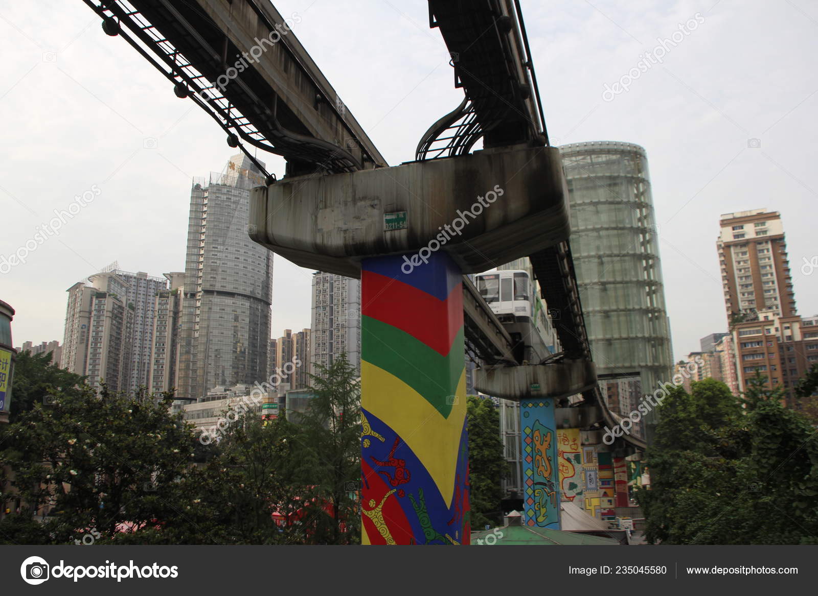 Monorail Train Chongqing Light Rail Line Passes Glass Building Shopping ...