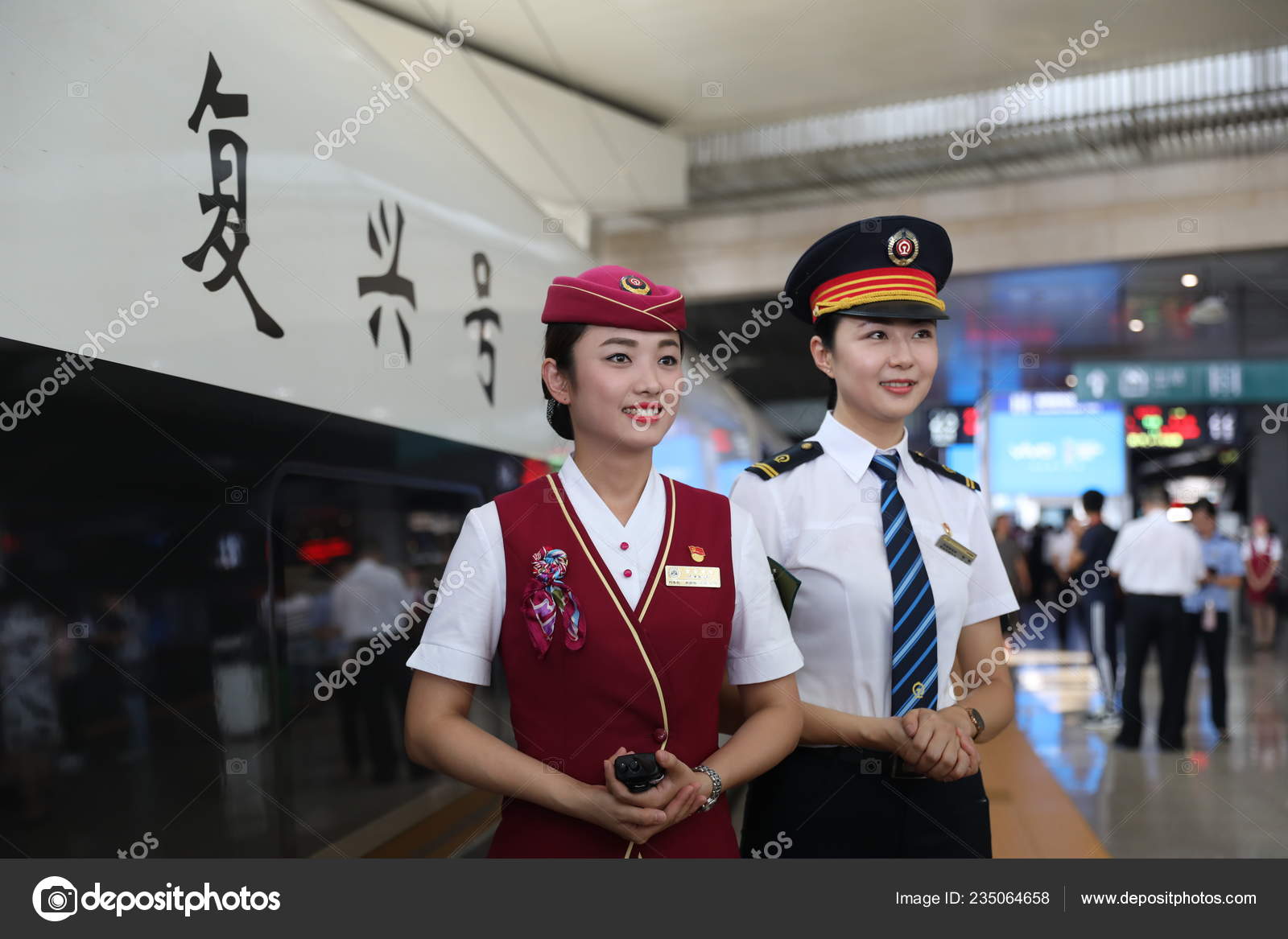 Chinese Train Attendants Pose Front Fuxing High Speed Bullet Train ...
