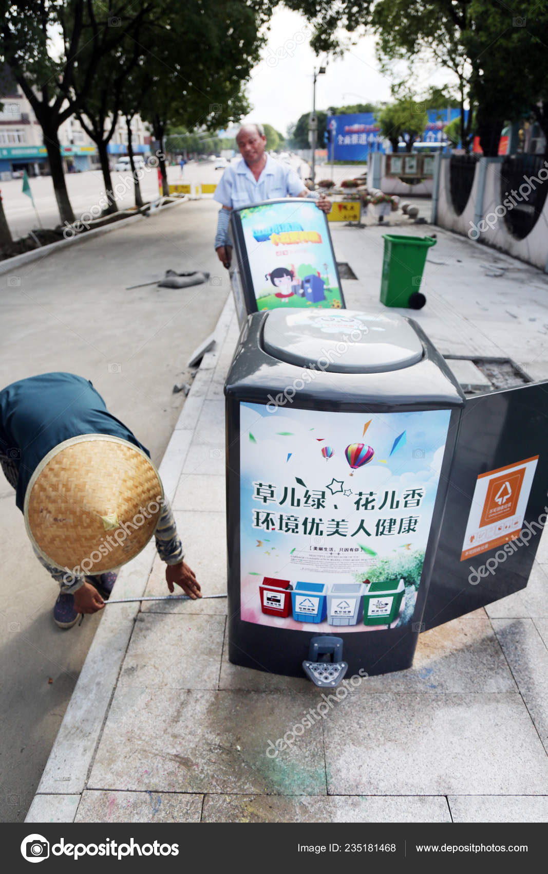Chinese Workers Install Trash Bins Used Garbage Sorting Classification ...