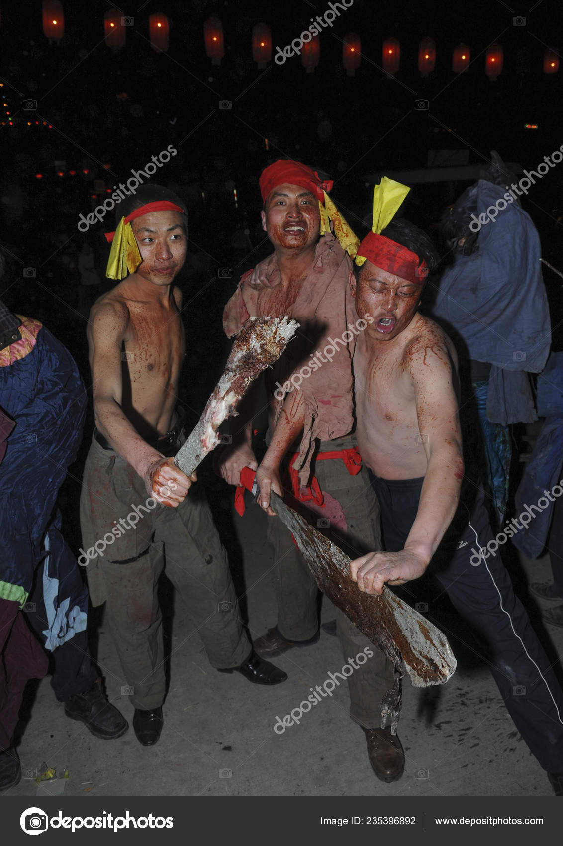 Chinese Performers Dressed Traditional Costumes Perform Paomabi Nuo ...