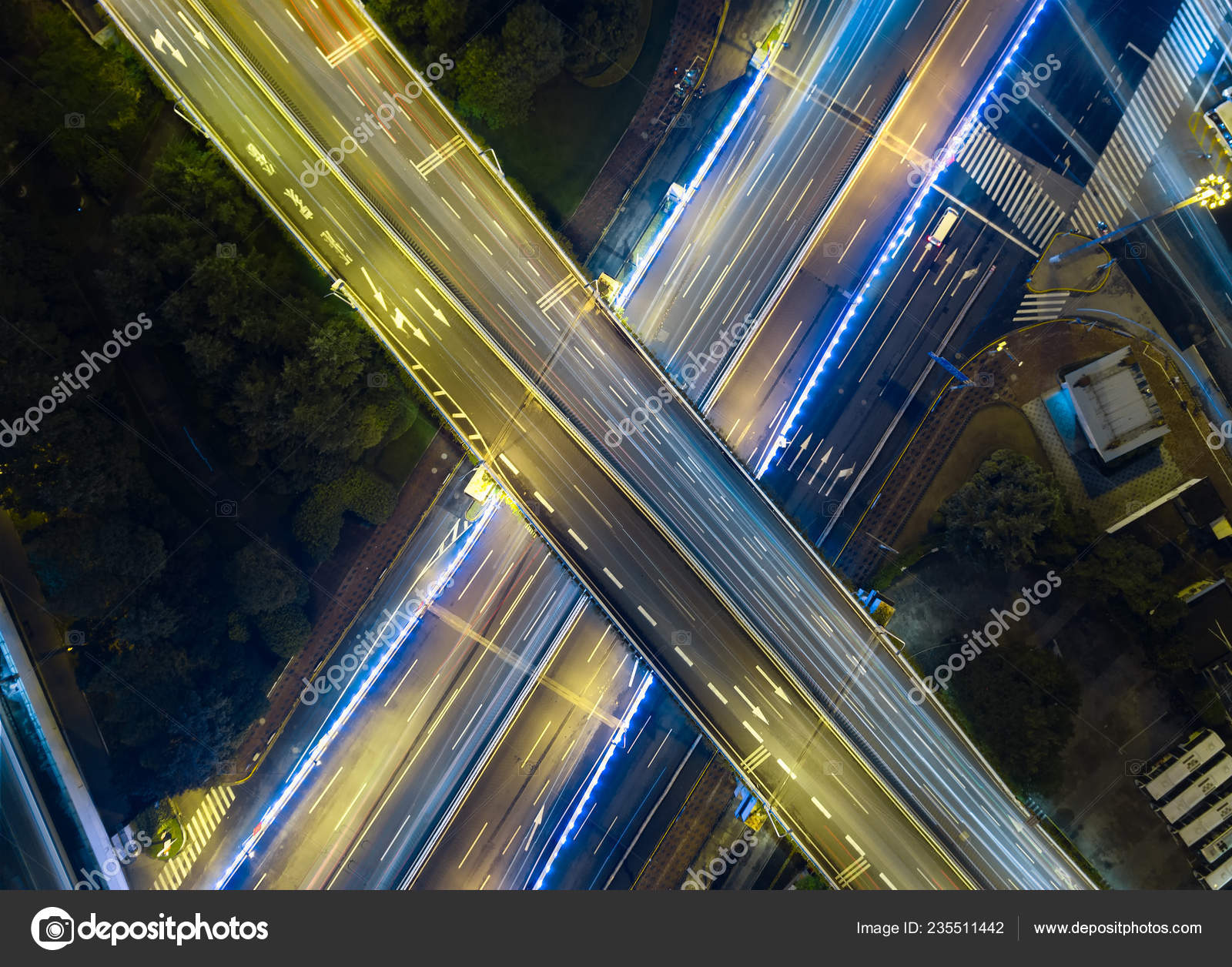 Aerial View Crossings Elevated Interchange Overpasses Night Shanghai ...