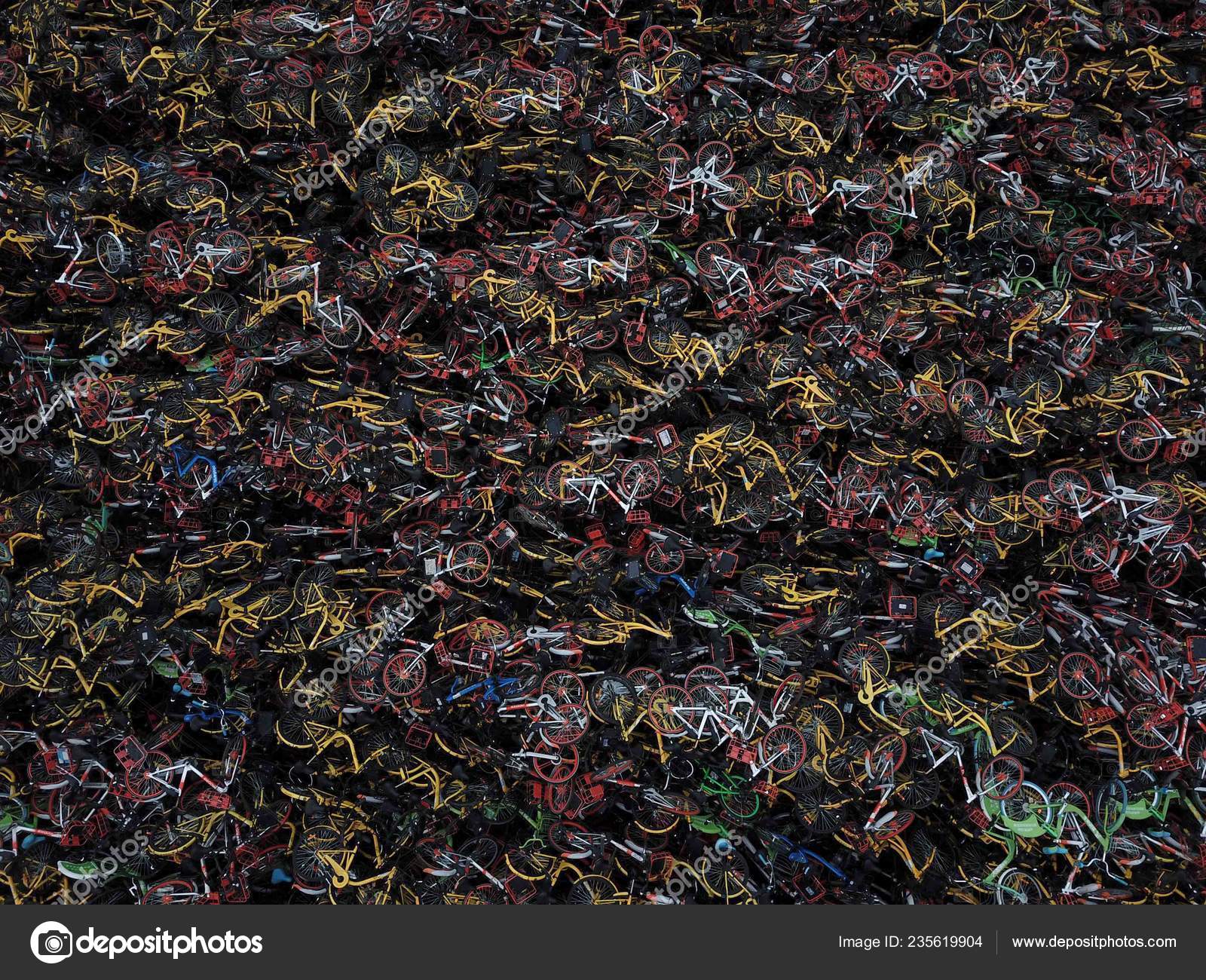 Aerial View Tens Thousands Abandoned Shared Bikes Piled Parking Lot ...