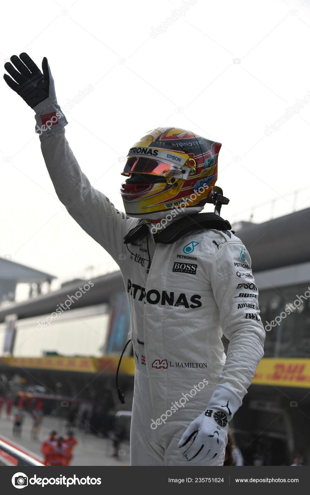 British Driver Lewis Hamilton Mercedes Waves Winning Pole Position ...
