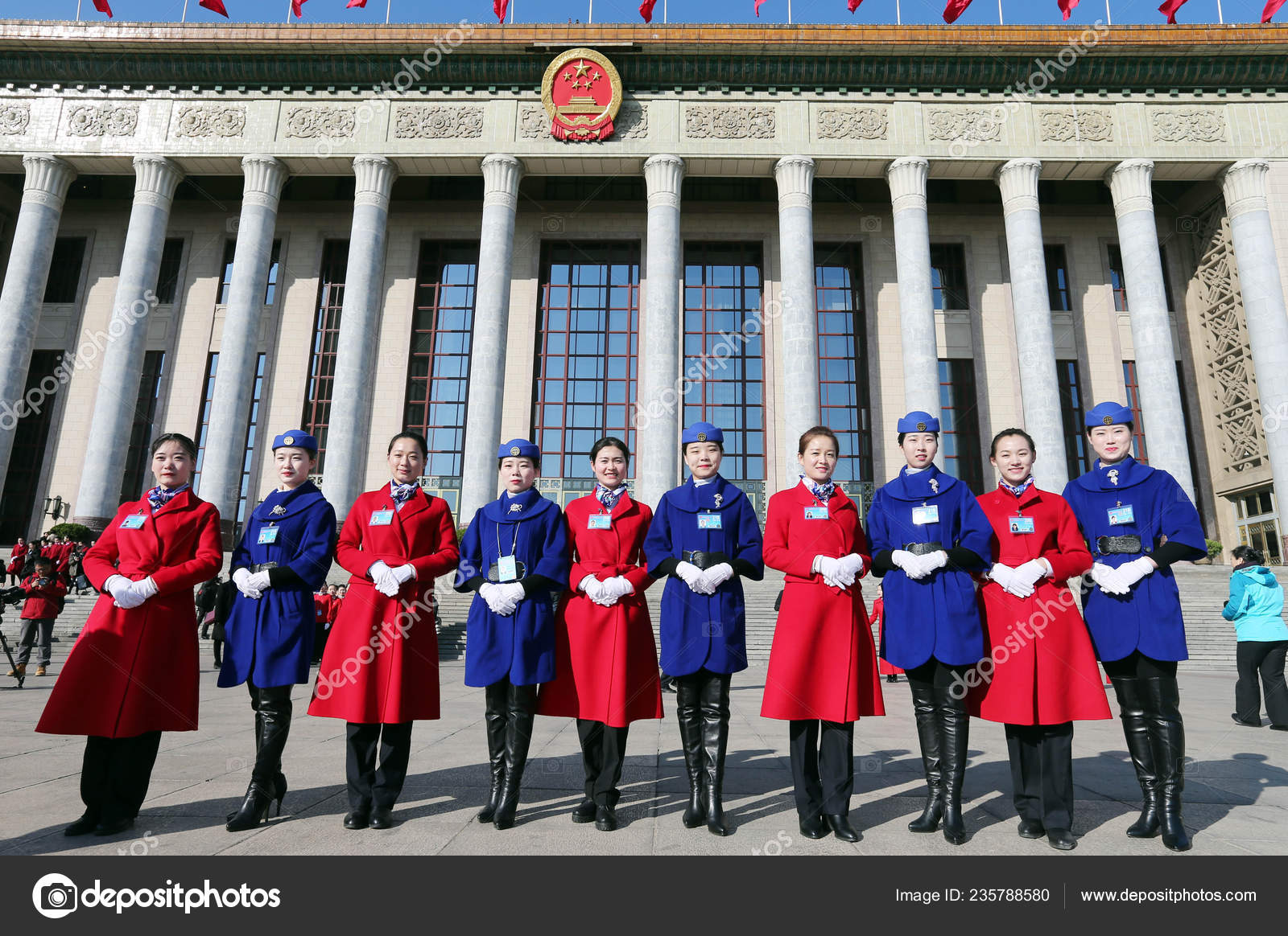 Chinese Hostesses Pose Photos Front Great Hall People Opening Meeting ...