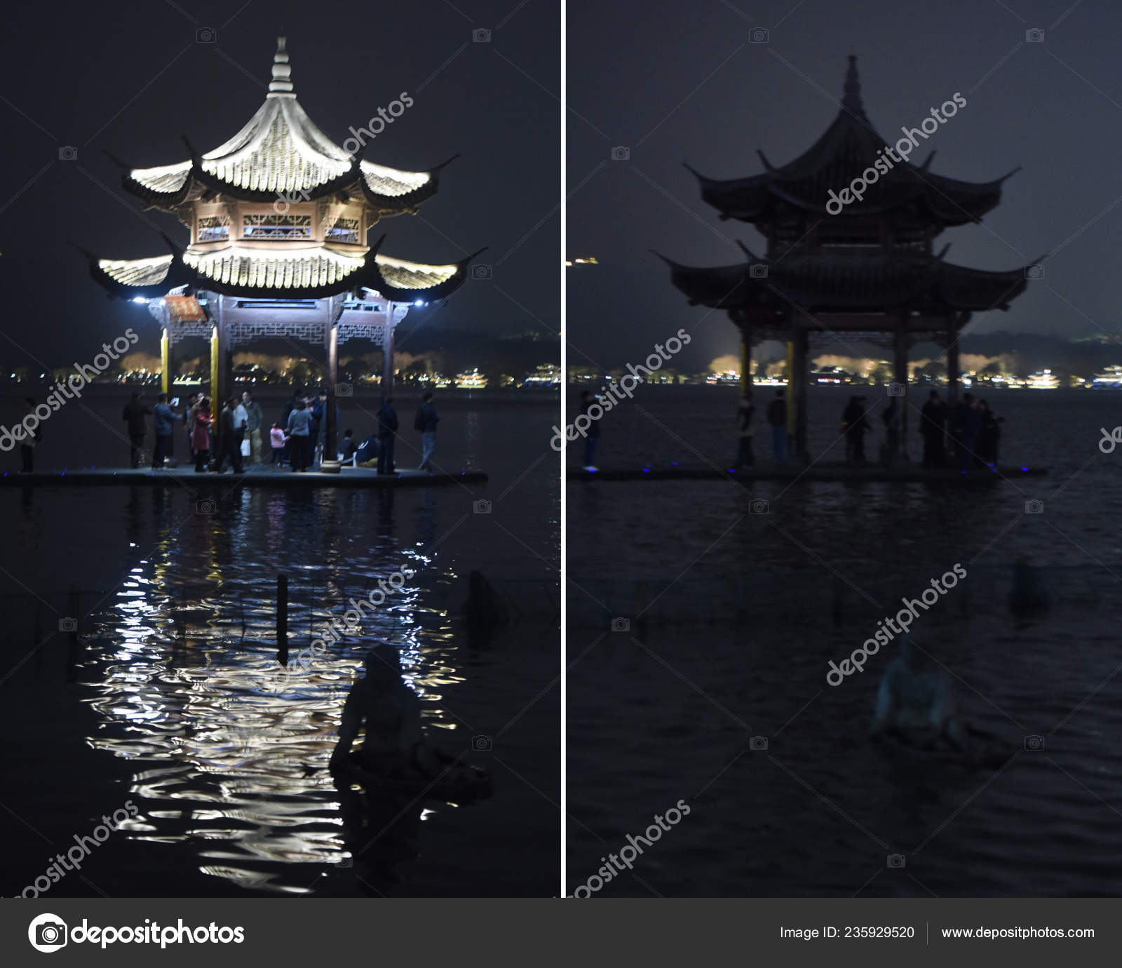 Composite Photo Shows Jixian Pavilion West Lake Left Earth Hour – Stock ...