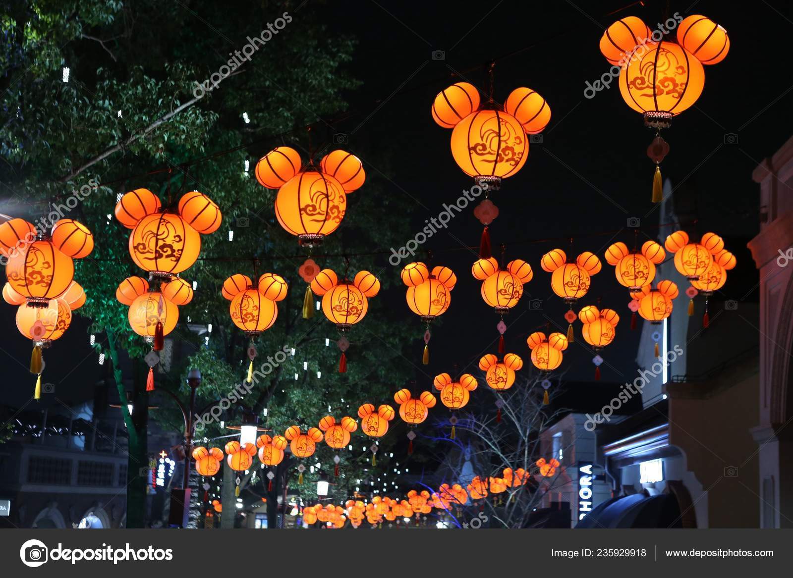 Mickey Mouse Shaped Lanterns Hung Streets Shanghai Disneyland Celebrate ...
