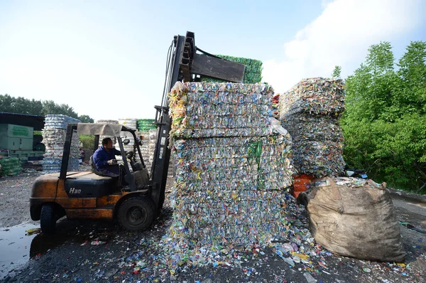 Chinese Worker Clears Plastic Bottles Plastic Bottle Recycling Station ...