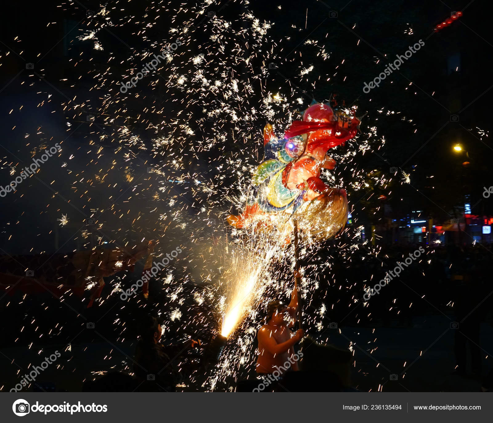 Chinese Entertainers Perform Dragon Dance Sparks Fireworks Celebrate ...