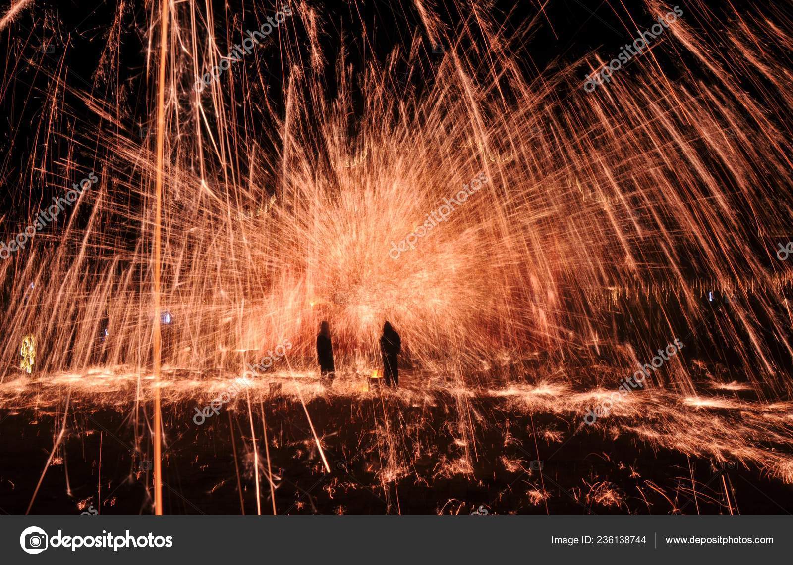 Performers Spray Molten Iron Concrete Wall Create Sparks Performance ...
