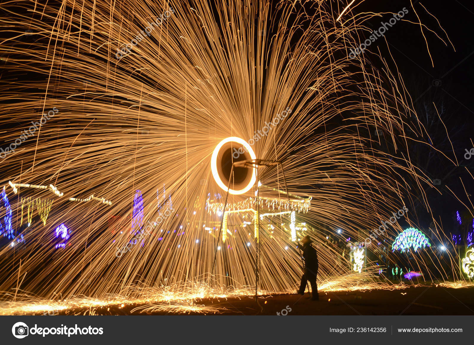 Performer Turns Wheel Spinning Molten Iron Create Sparks Create Sparks ...