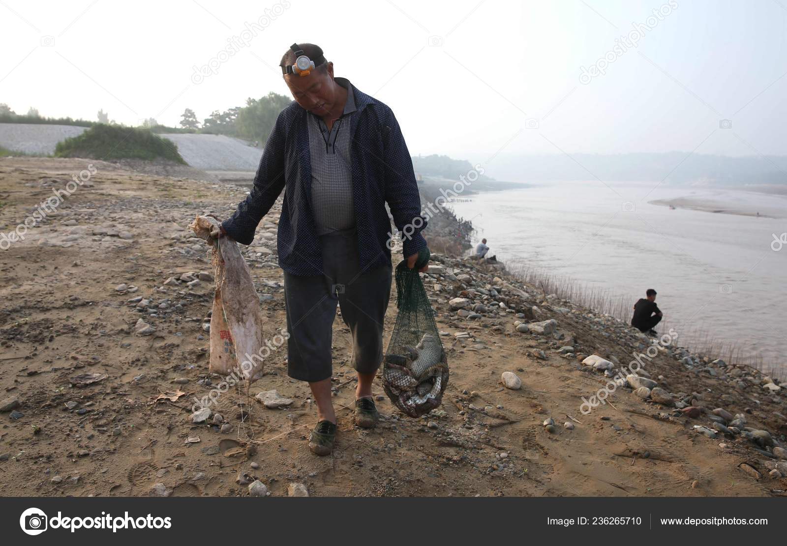 Local Resident Pictured Collecting Fish Surfaced Water Upper Section ...