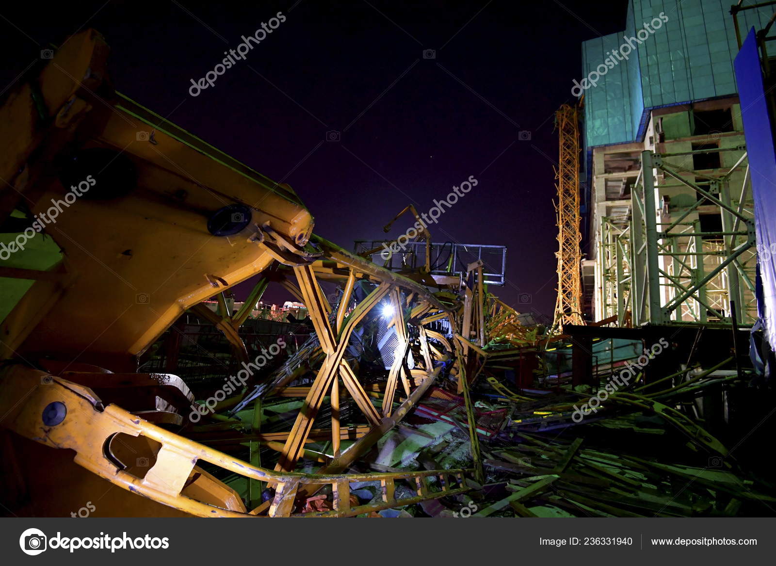 Deformed Steel Structure Collapsed Tower Crane Seen Construction Site ...