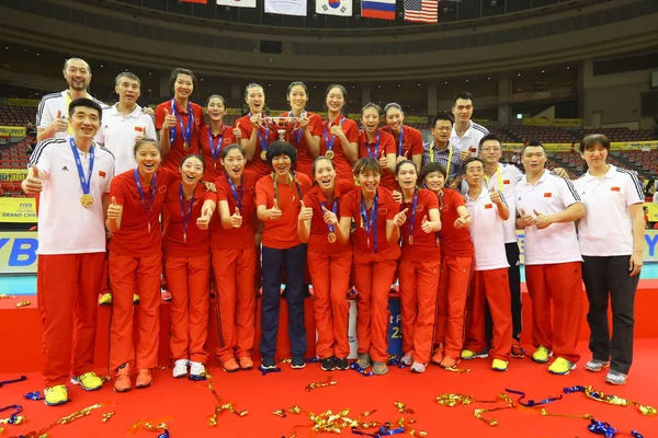Winner Chinese Womens National Volleyball Team Members Pose Trophy