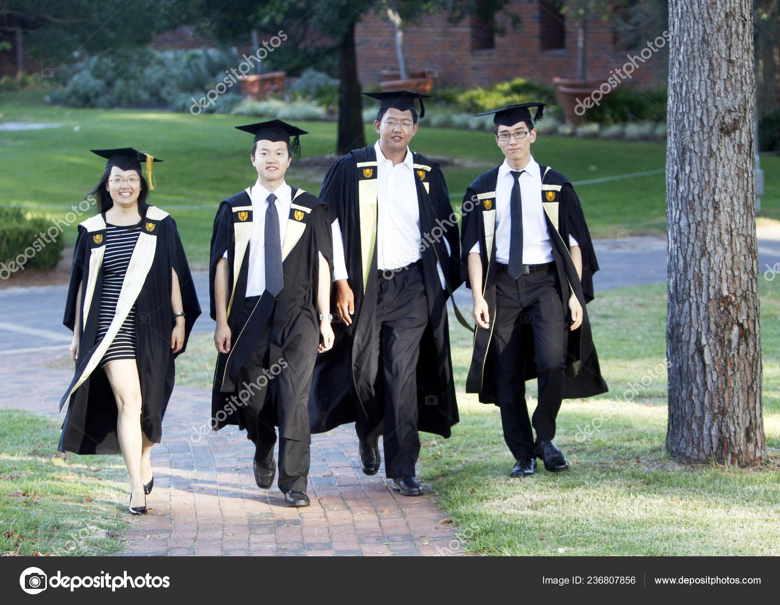 Chinese Students Studying Abroad Dressed Academic Gowns Pose Graduation ...