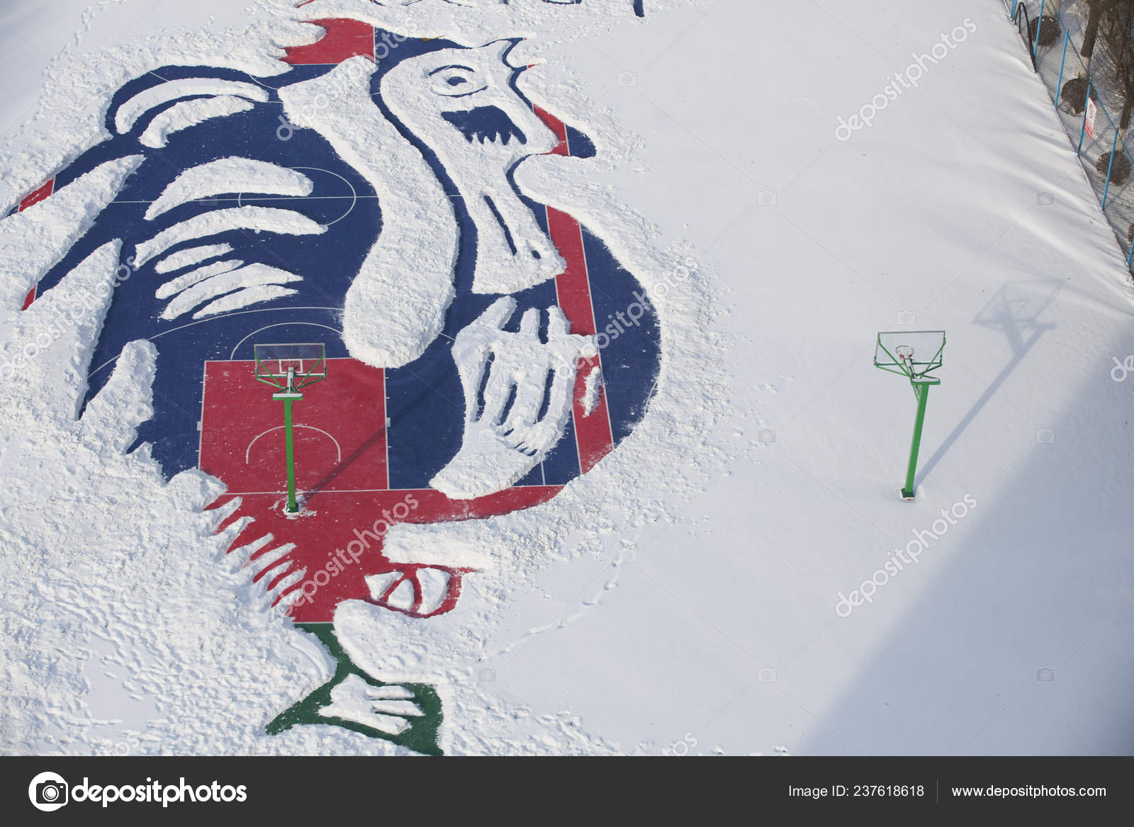 Painting Giant Rooster Created Students Snow Covered Basketball Court ...