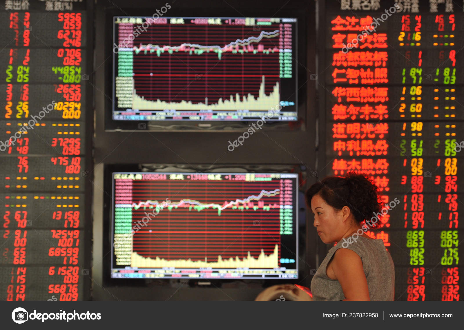 Chinese Investor Walks Screens Displaying Stock Indices Prices Shares ...