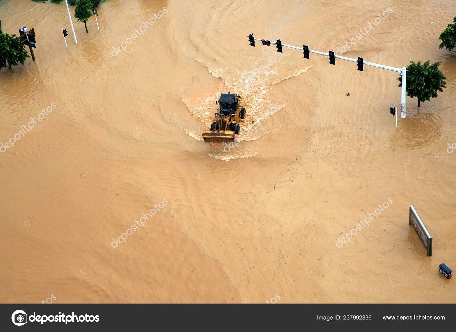 Wheel Loader Travels Flooded Road Caused Heavy Rain Rongjiang County ...