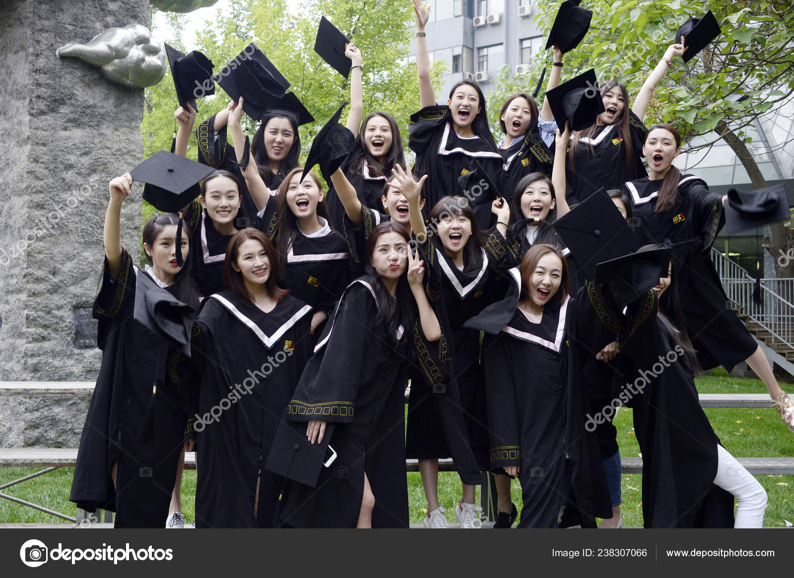 Female Chinese Graduates Dressed Academic Gowns Pose Graduation Photo ...