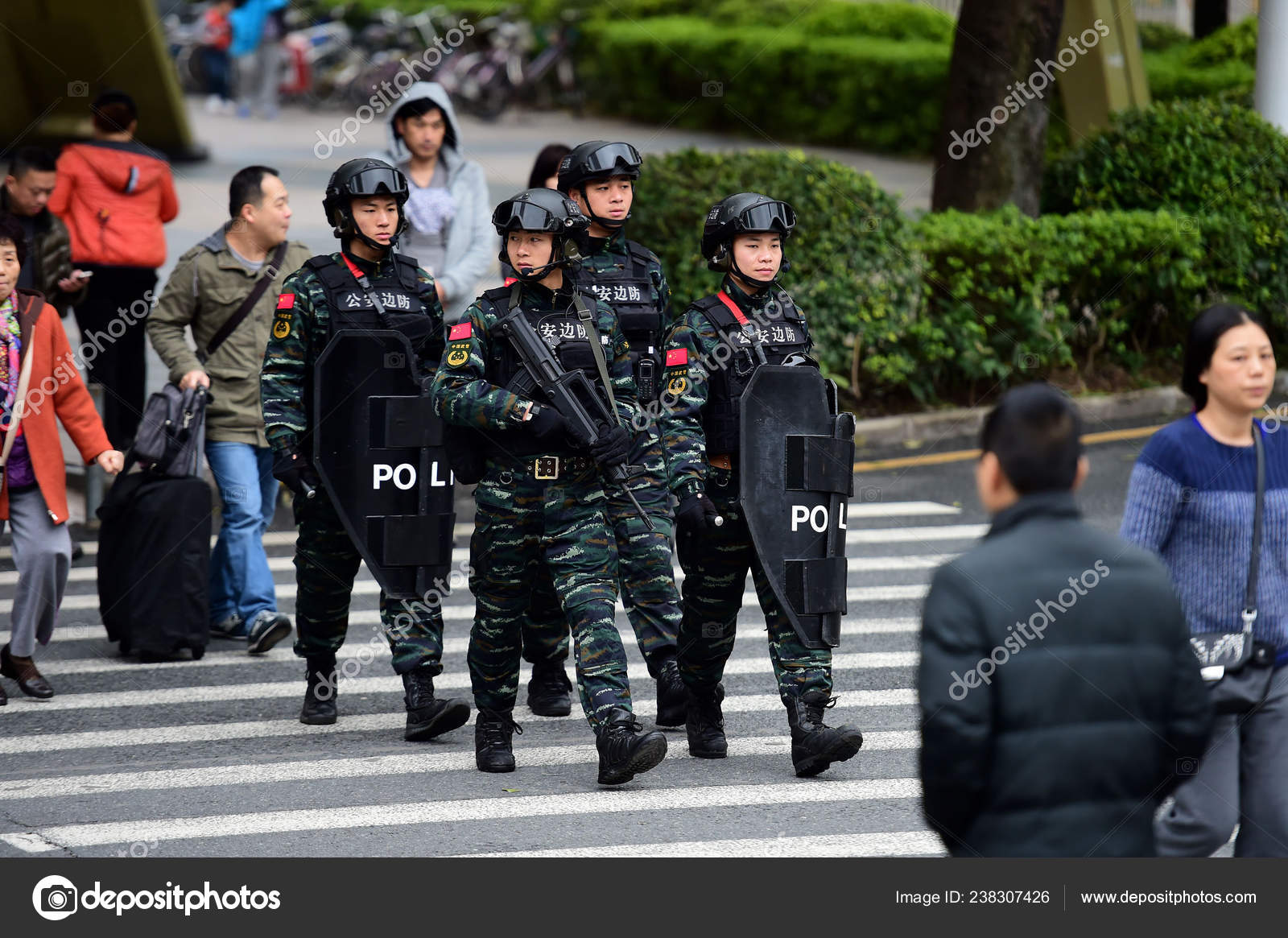Armed Chinese Paramilitary Policemen Cross Road Patrol Street Shenzhen ...
