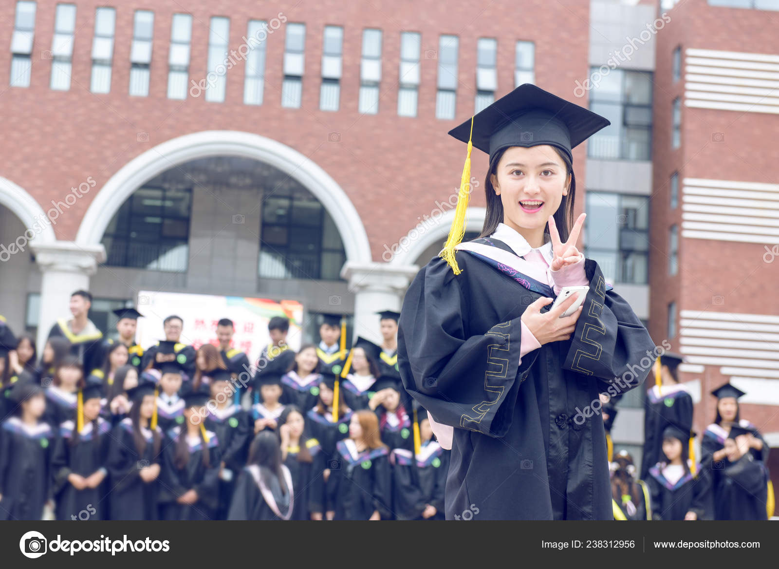 Female Chinese Graduate Dressed Academic Gown Poses Front Others ...
