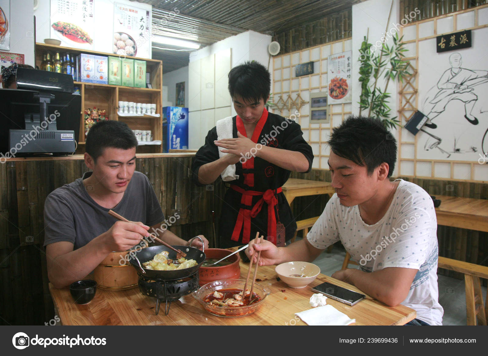 Chinese Waiter Serves Customers Restaurant Yangzhou City East China's ...