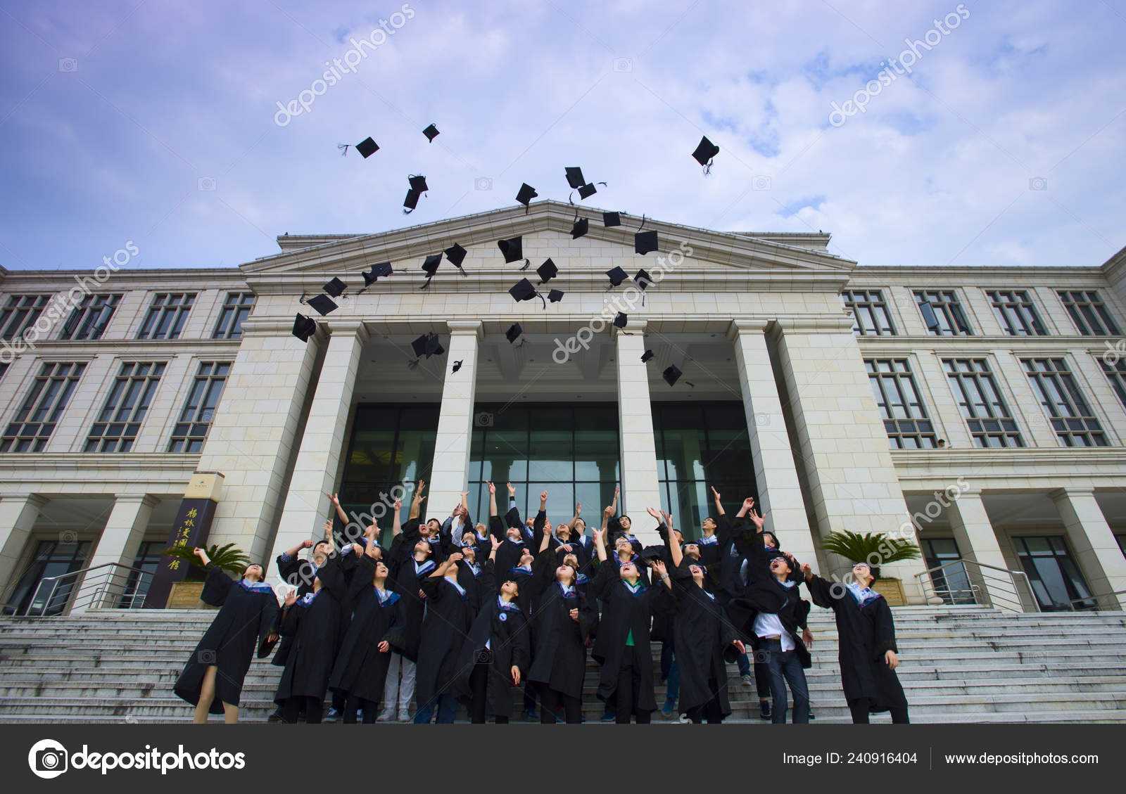 Chinese Graduates Dressed Academic Gowns Throw Hats Air Celebrate ...