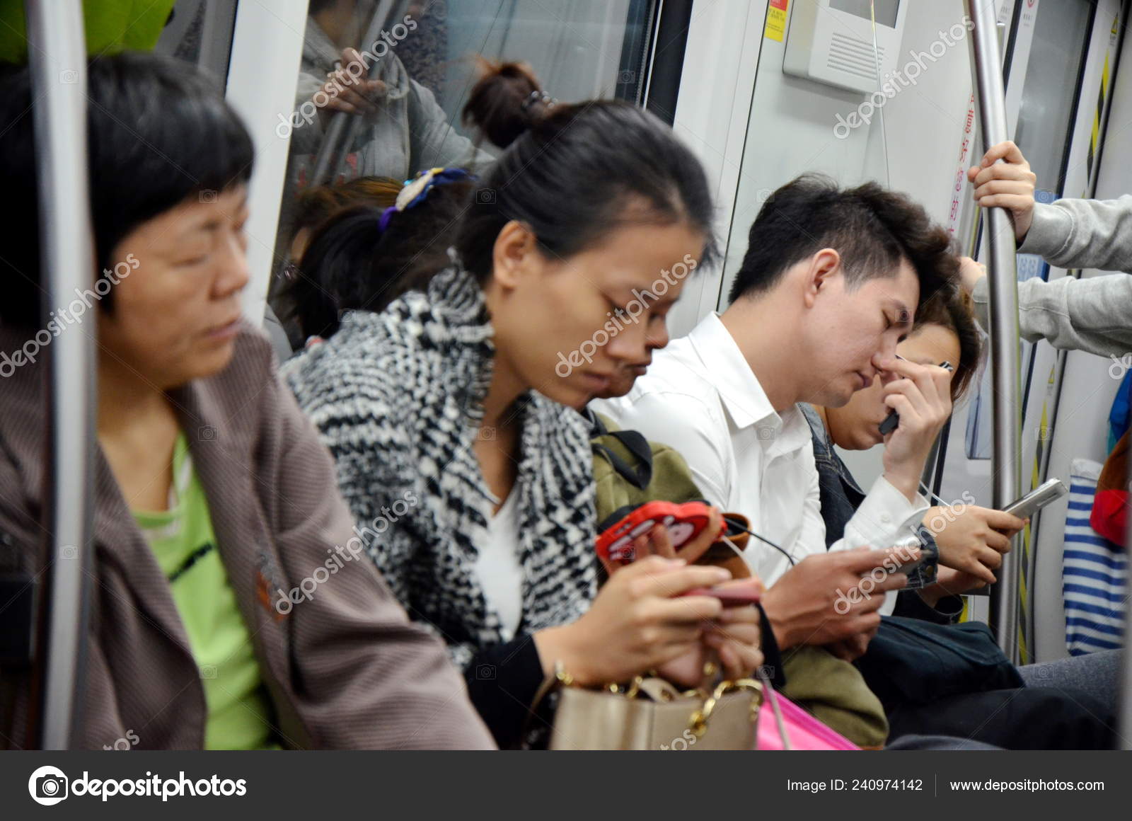Chinese Passengers Use Smartphones Subway Train Guangzhou City South ...