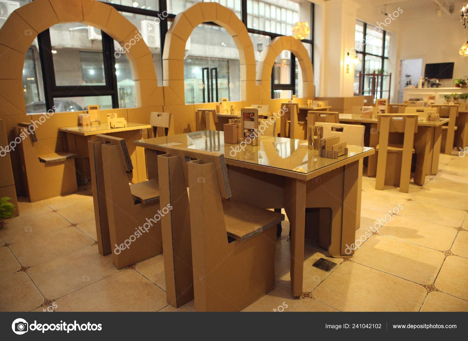Tables Chairs Made Corrugated Paper Pictured Restaurant Paper Story ...