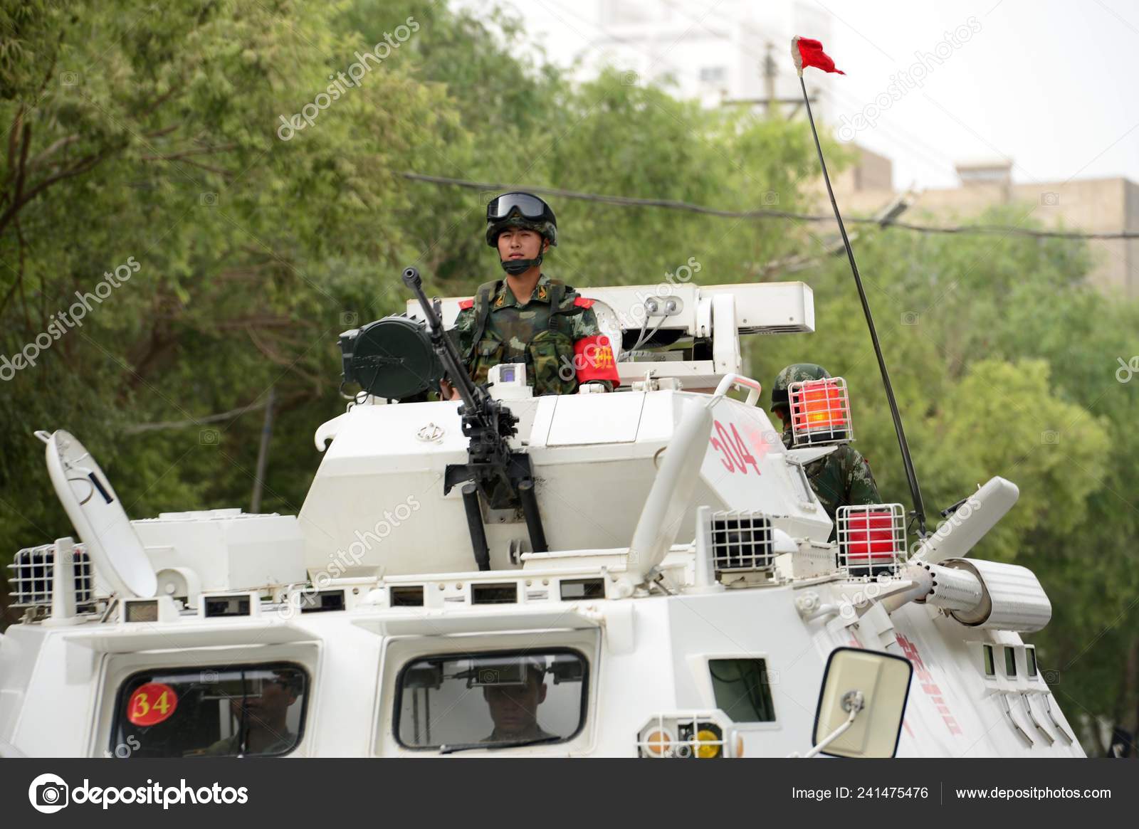 Armed Chinese Paramilitary Policeman Stands Patrol Vehicle City Patrol ...