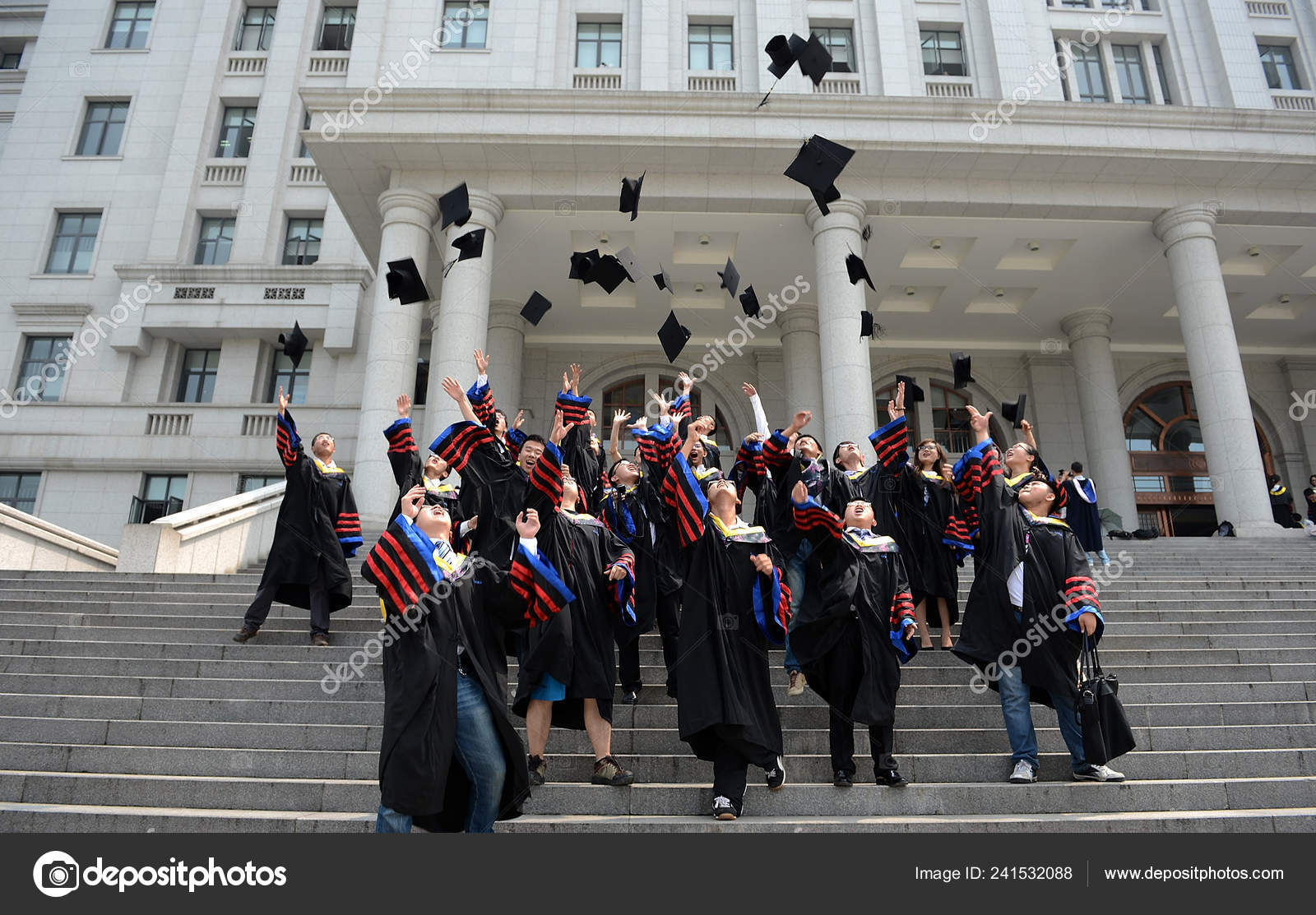 Chinese Graduates Dressed Baccalaureate Gowns Throw Hats Air Graduation ...