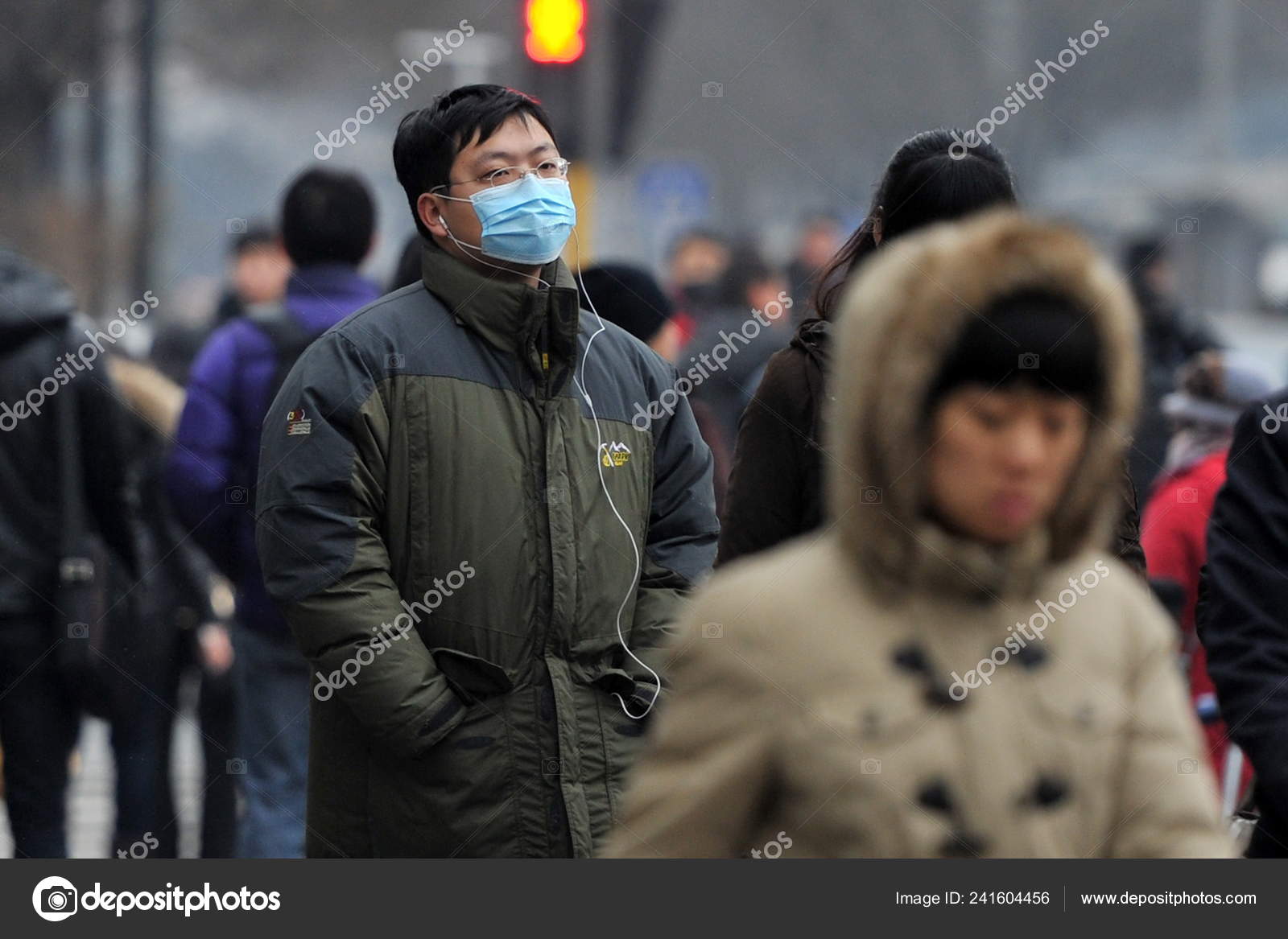 Pedestrian Wearing Face Mask Walks Street Heavy Smog Beijing China ...