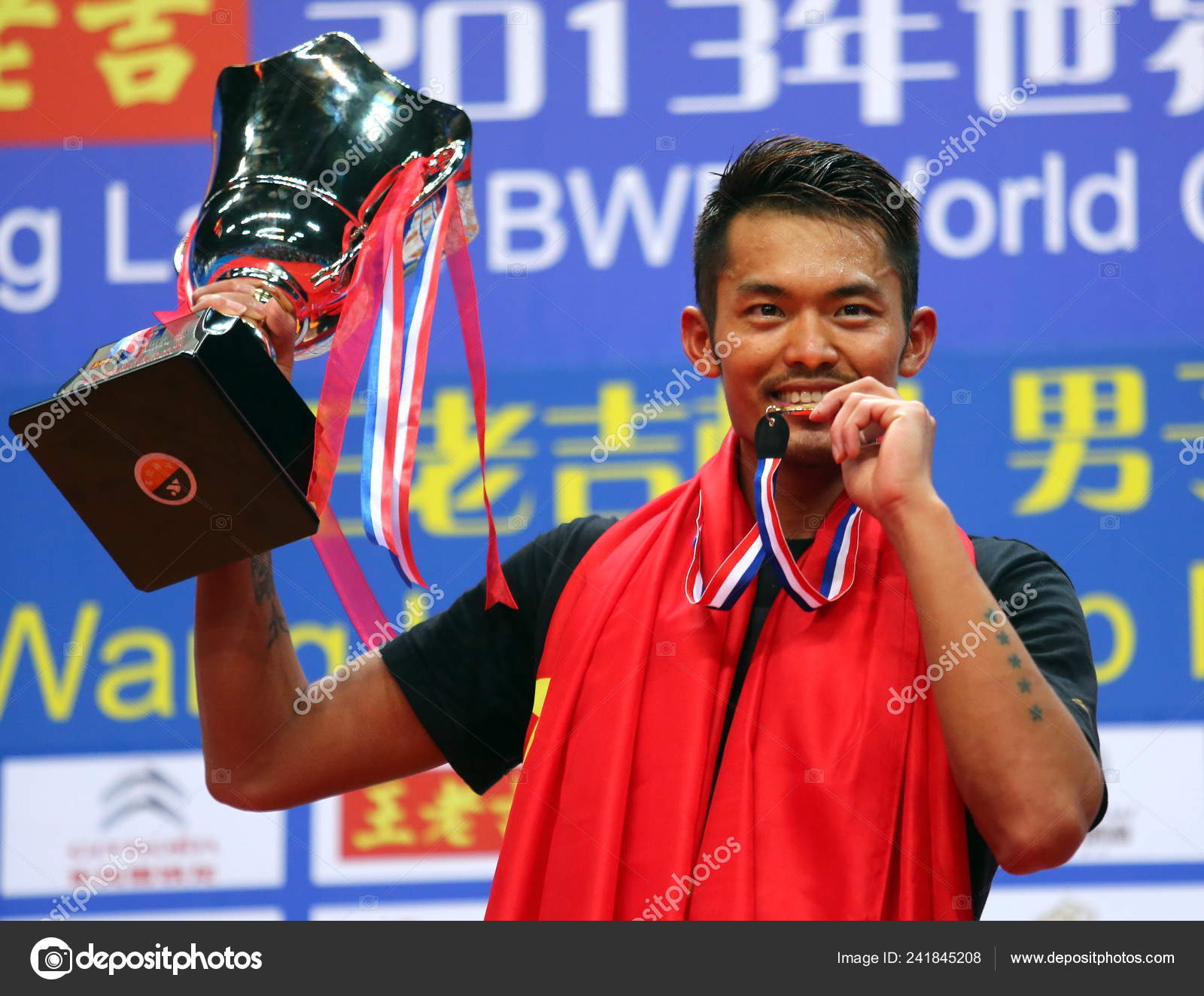 Chinese Badminton Player Lin Dan Poses His Trophy Gold Medal – Stock ...