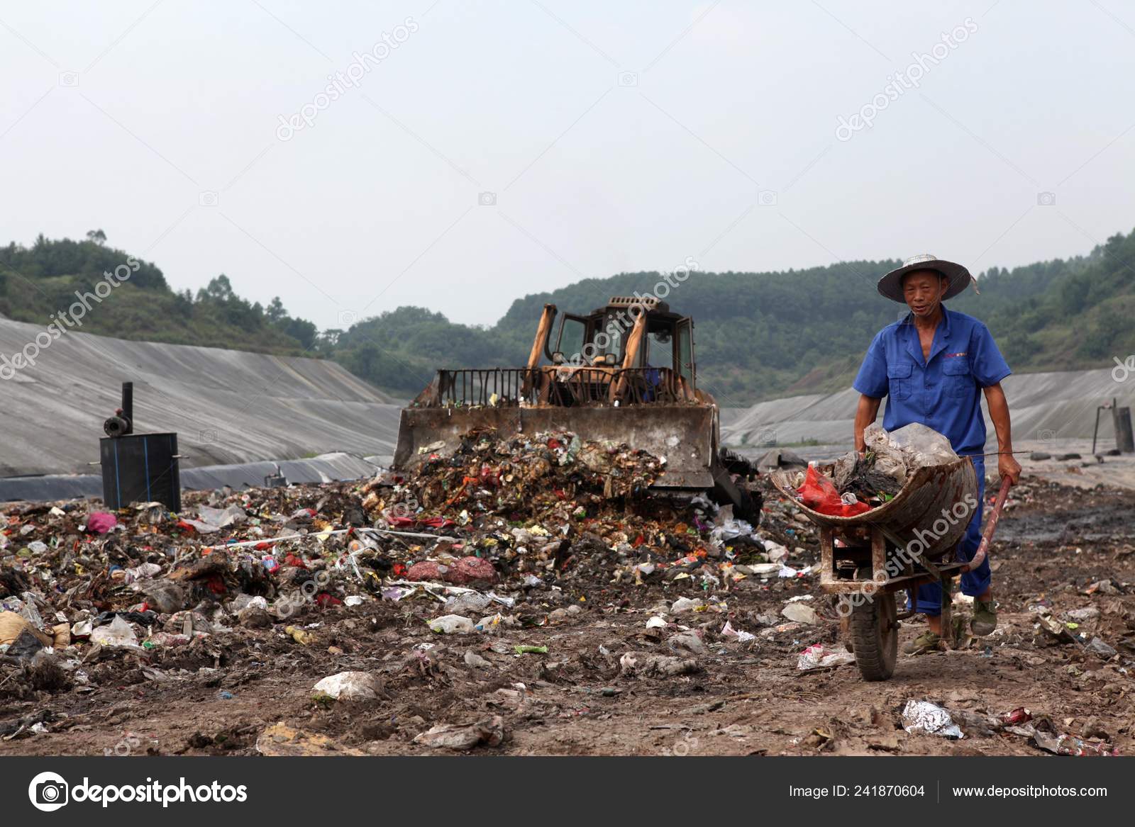 Chinese Worker Pushing Cart Garbage Walks Garbage Piles Refuse ...