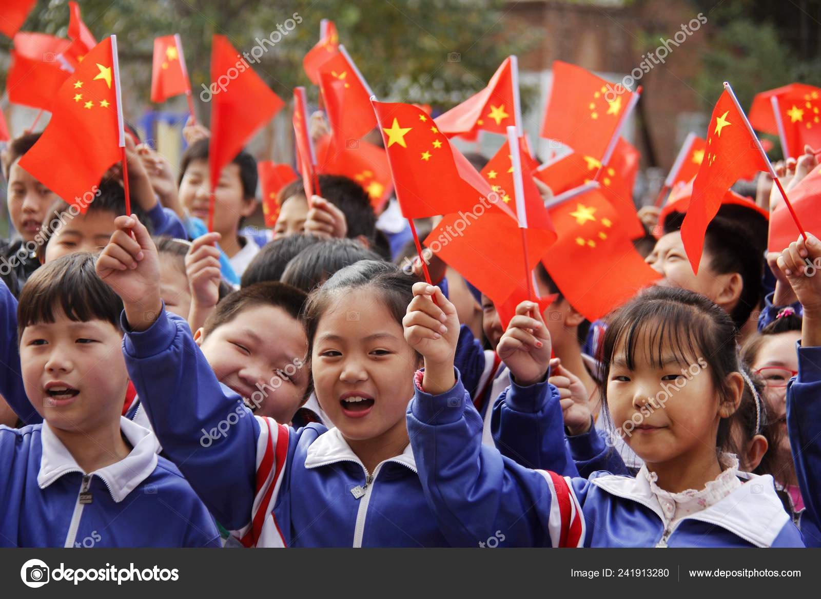 Young Chinese Students Wave Small Chinese National Flags Celebrate ...