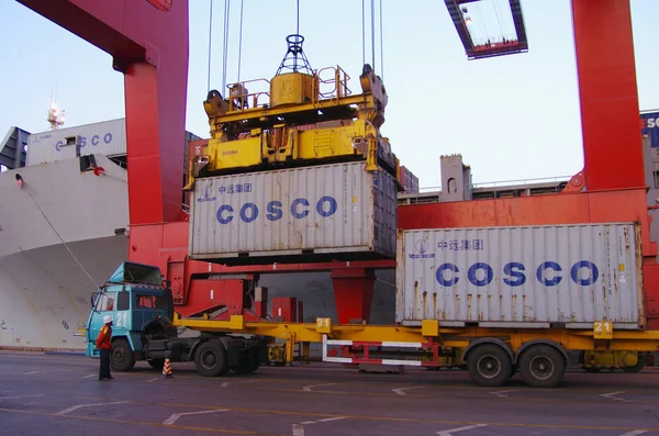 Crane Vehicle Loads Truck Container Cosco Port Rizhao Rizhao City ...
