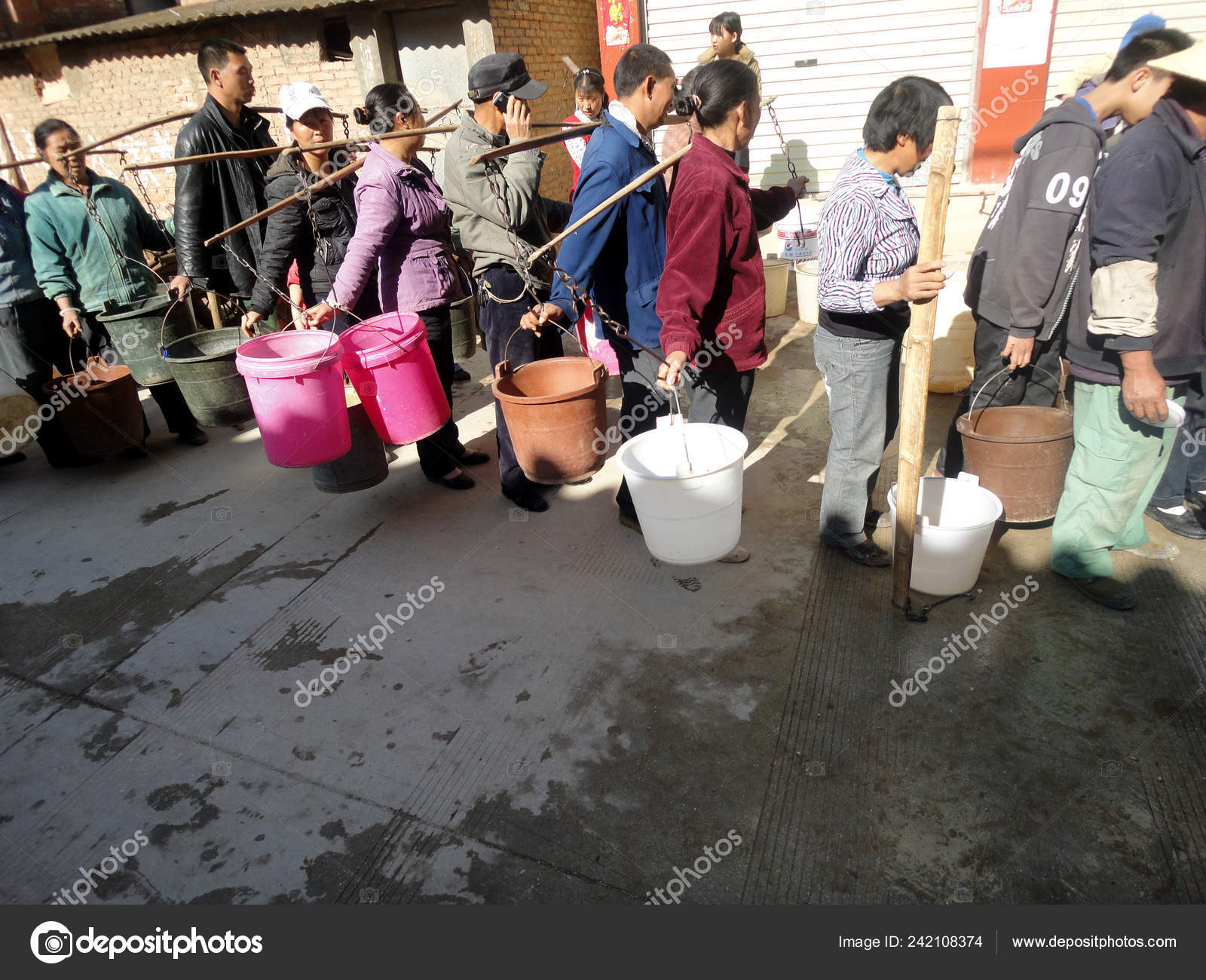 Villagers Shouldering Buckets Line Get Drinking Water Water Supply ...