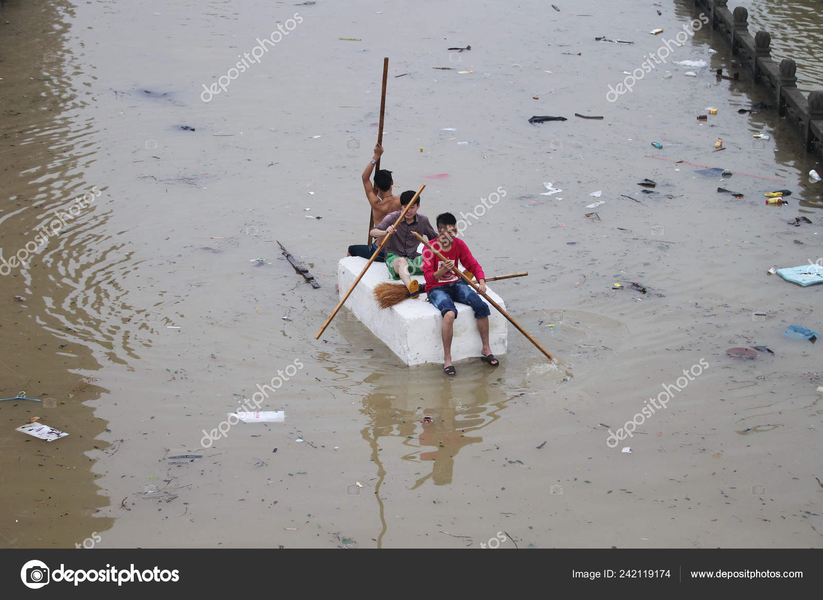 Young Chinese Men Row Raft Flooded Street Heavy Rains Caused – Stock ...