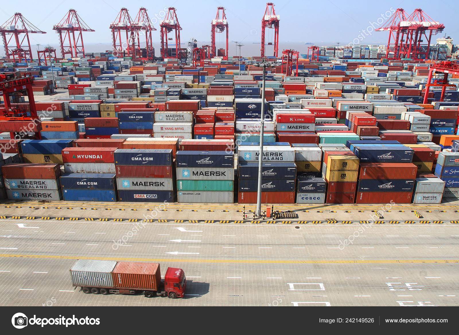 Container Truck Passes Piles Containers Terminal Yangshan Deep Water ...