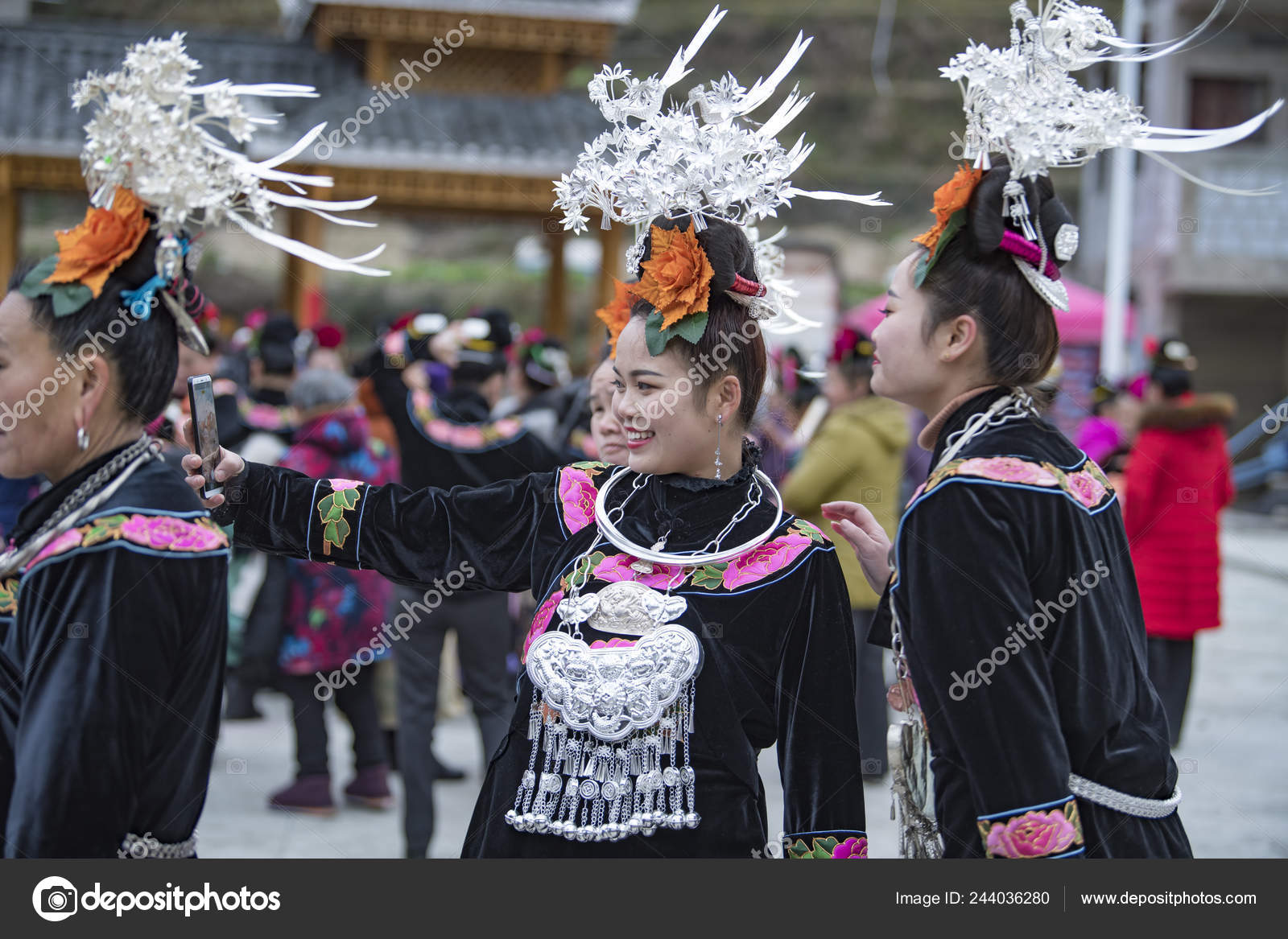 Local Chinese People Miao Ethnic Minority Dressed Traditional Silver ...