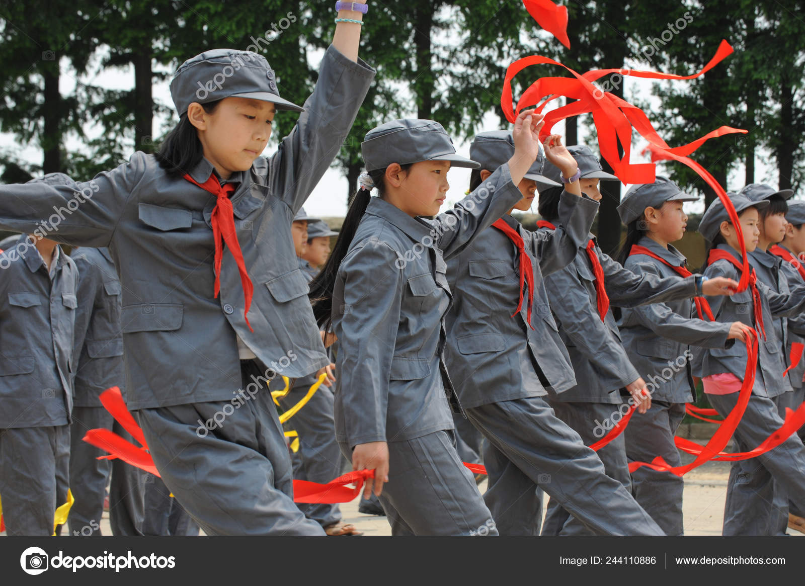 Students Wearing Uniforms Chinese Red Army Dance Class Break Primary ...