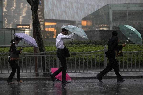 Chinese Commuters Struggle Umbrellas Heavy Rain Strong Wind Caused ...