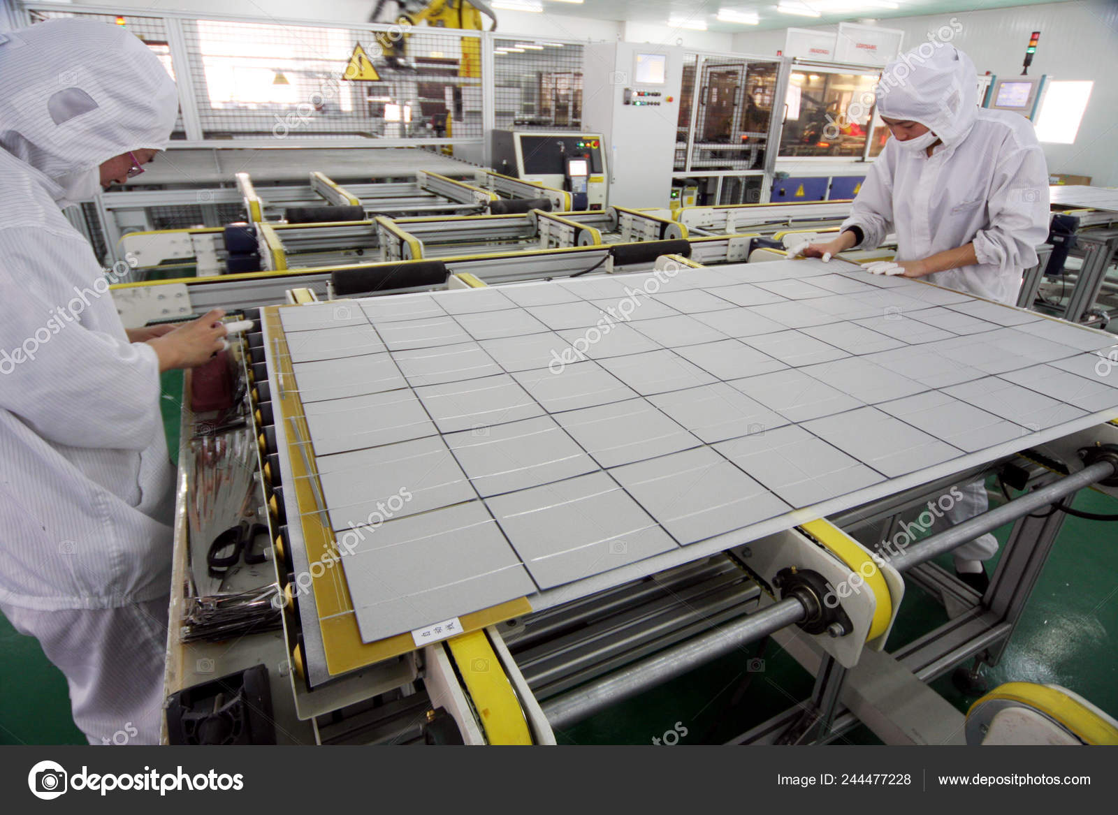 Chinese Workers Assemble Solar Panel Photovoltaic Cells Plant Eoplly ...