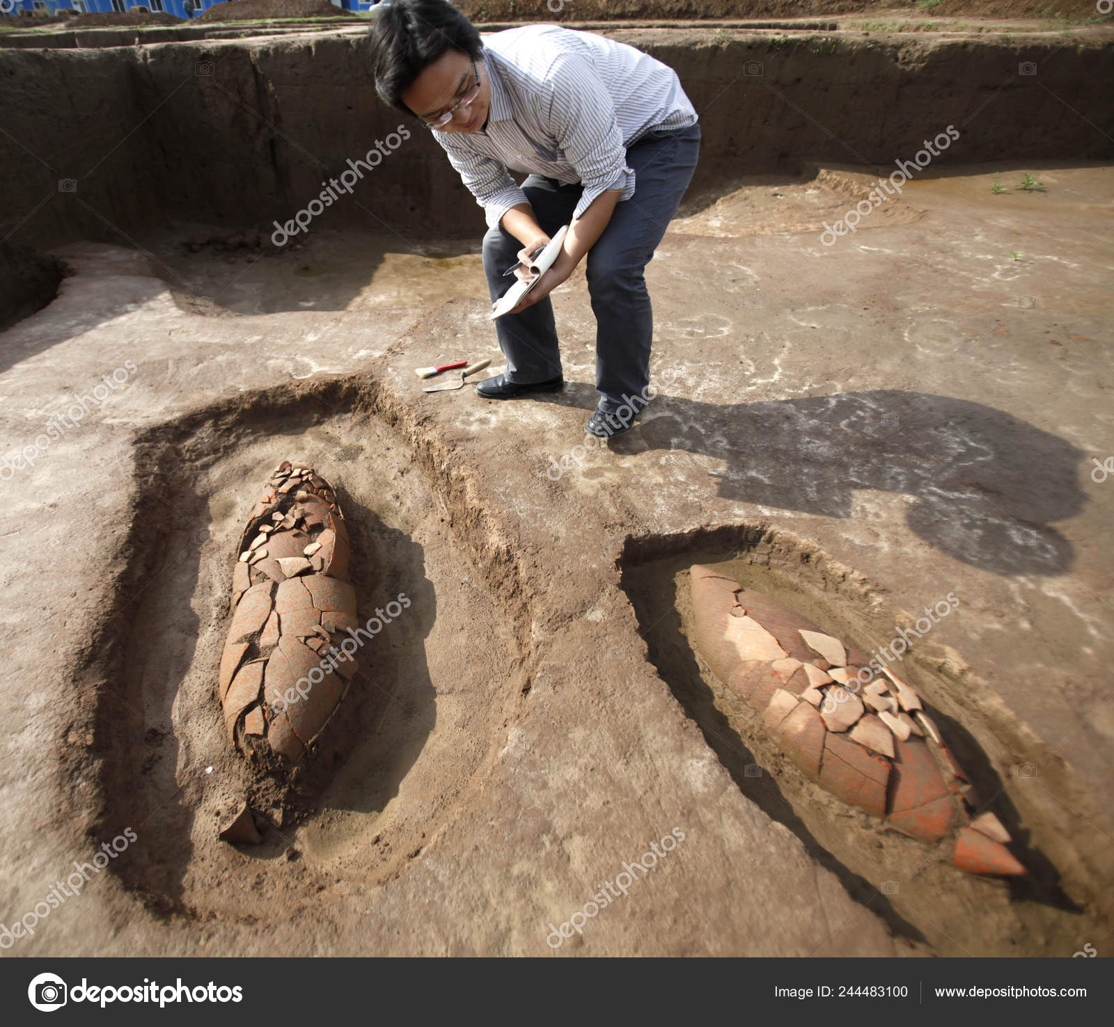 Archaeologist Checks Two Urn Coffins Also Known Baby Coffin Neolithic ...