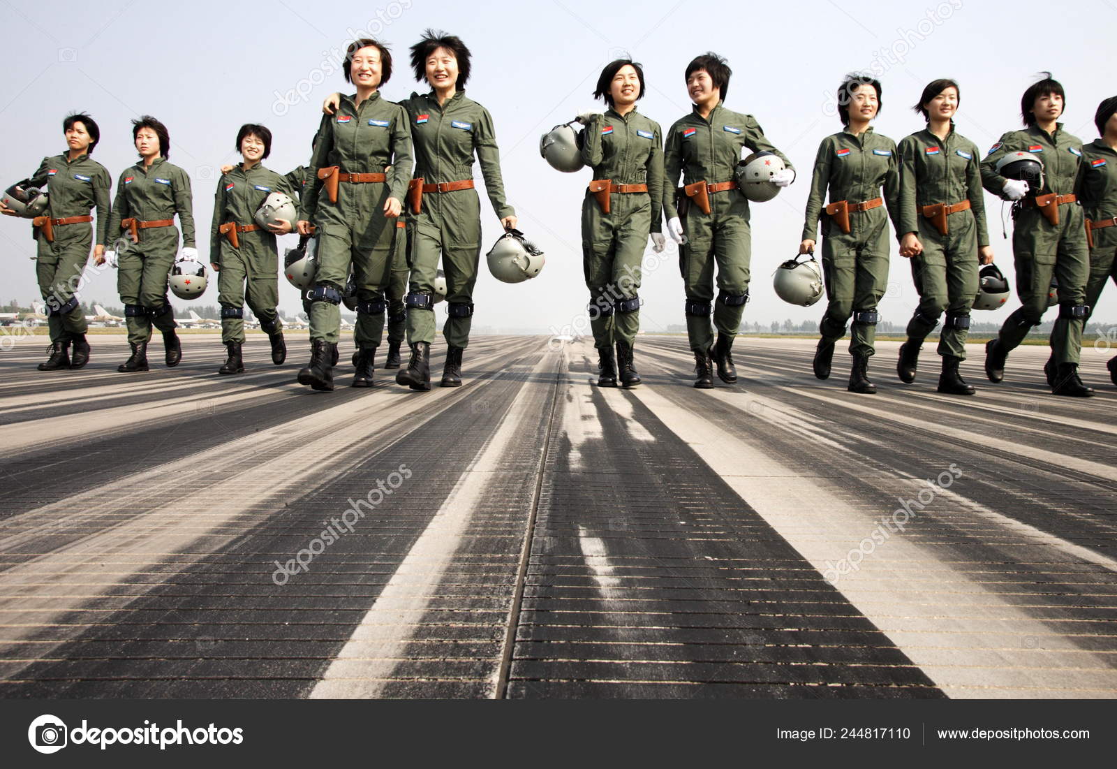 Young Female Fighter Plane Pilots Chinese Pla Air Force Walk Stock