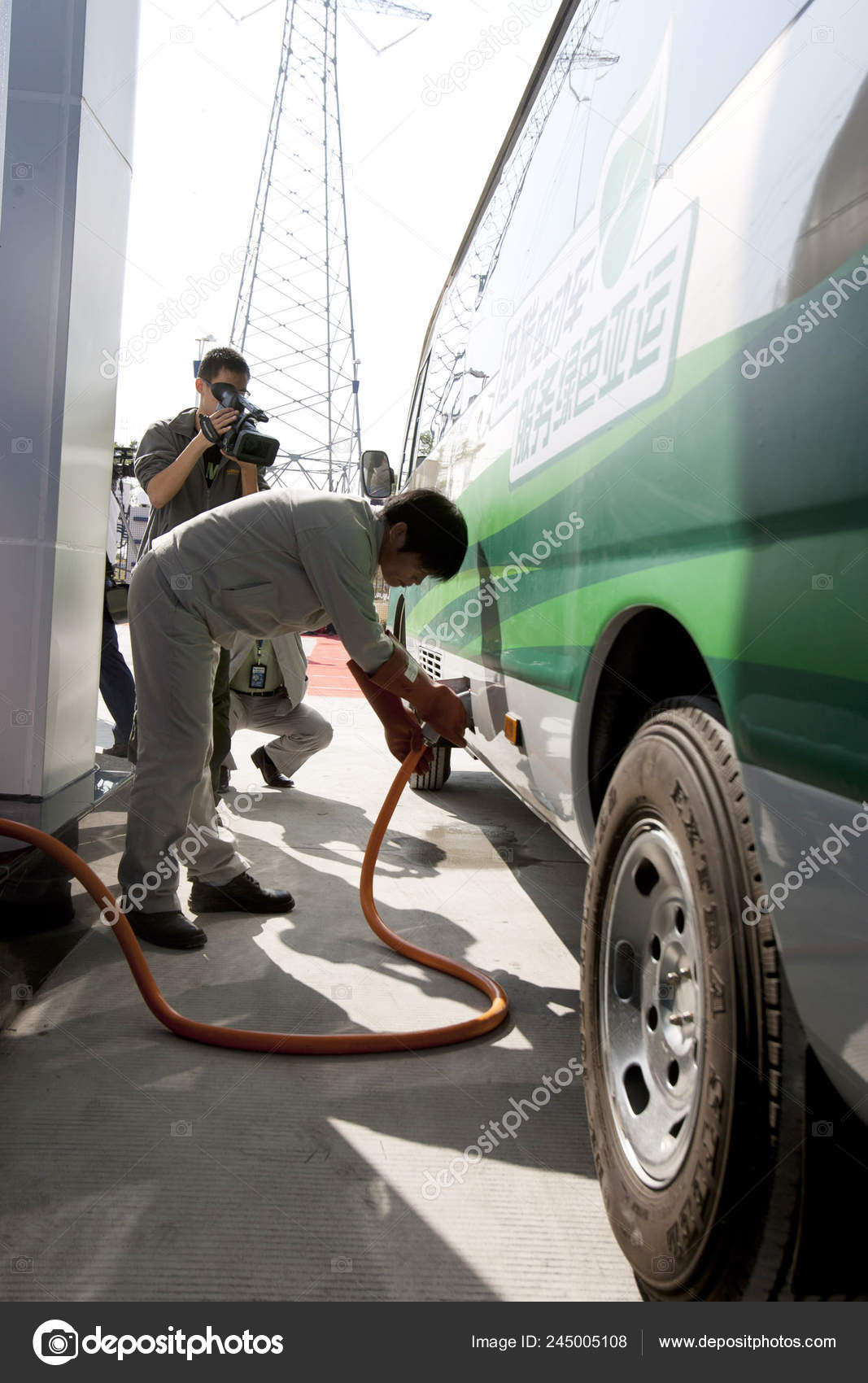 Chinese Worker Recharges Electric Bus Charging Station Asian Games Town ...
