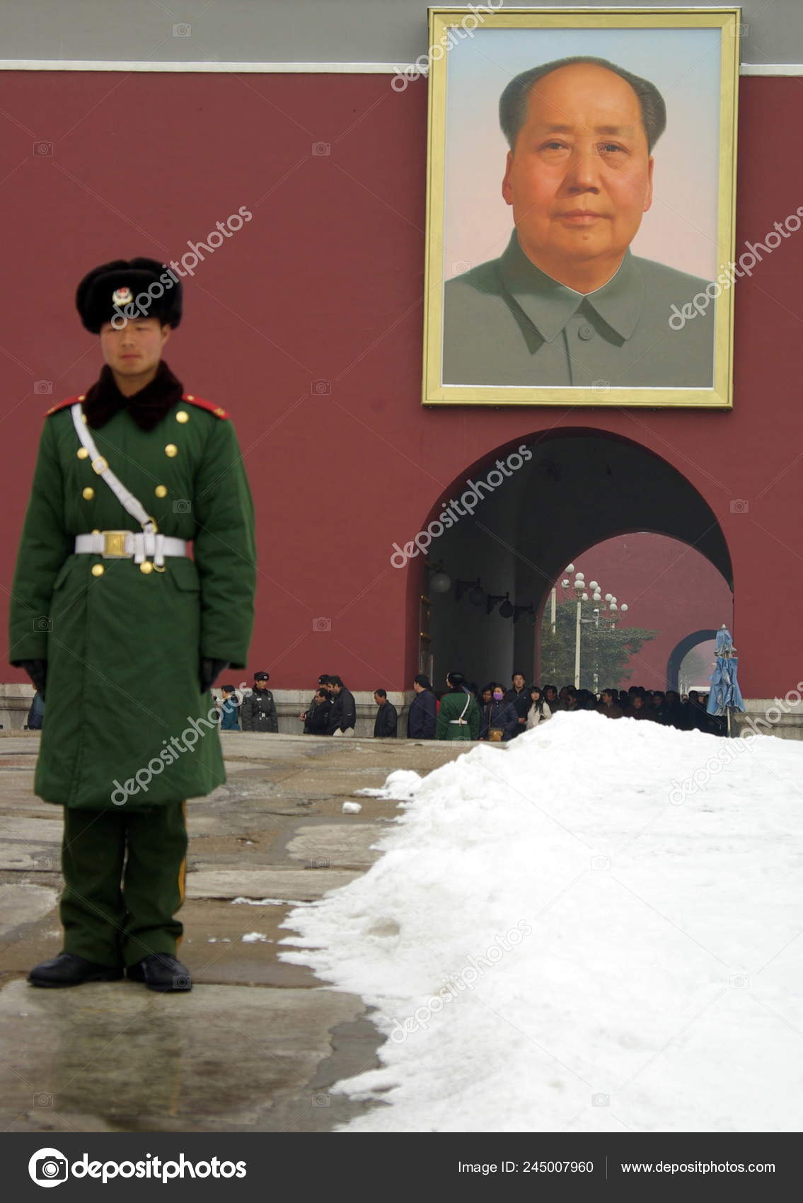 Chinese Paramilitary Policeman Stands Guard Front Image Chairman Mao ...