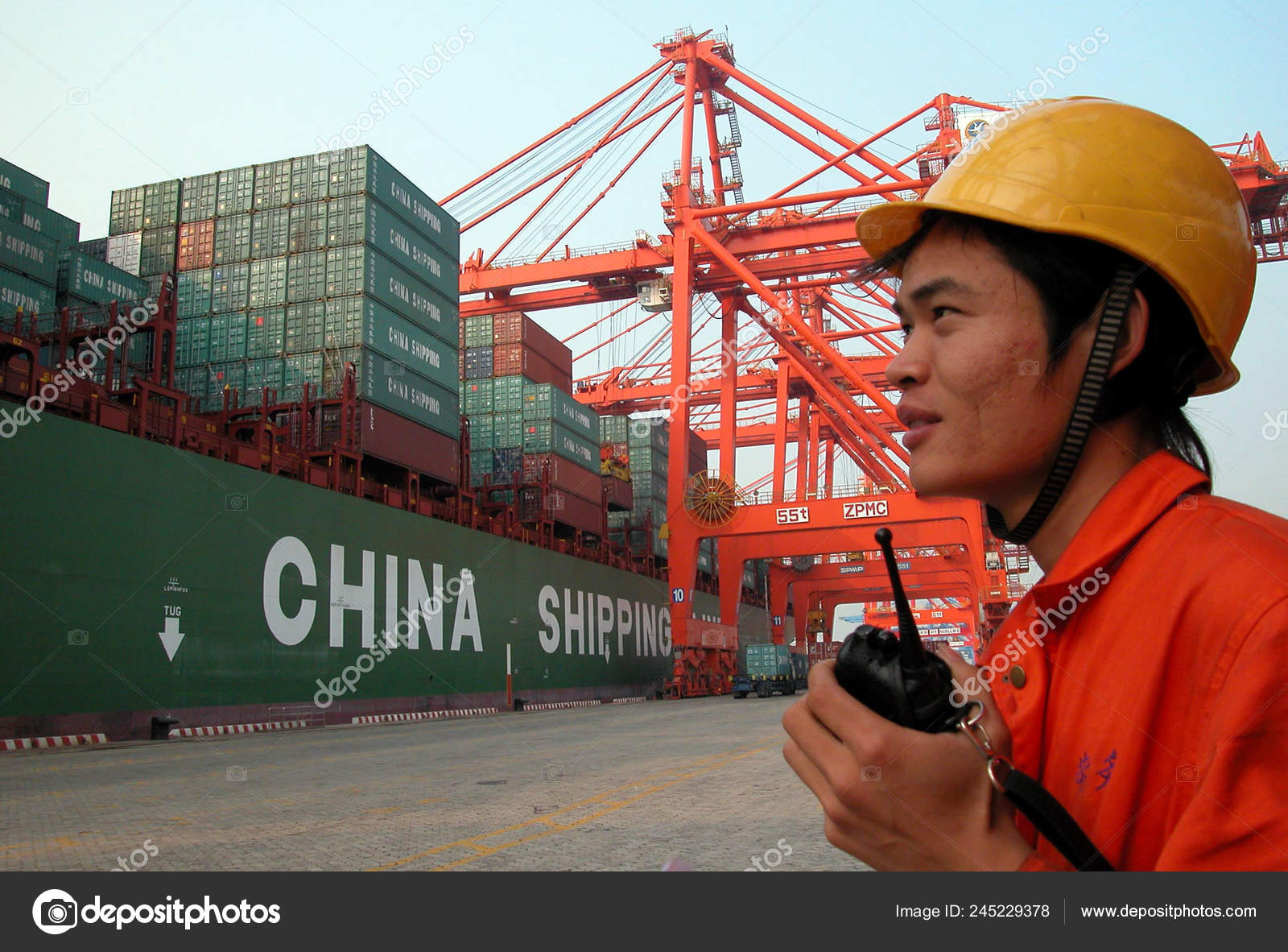 Chinese Worker Holds Interphone Looks Container Ship China Shipping ...