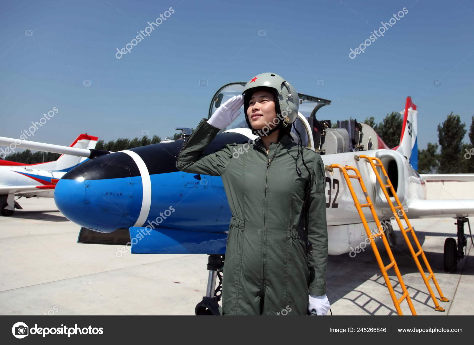 Young Female Fighter Plane Pilot Chinese Pla Air Force Salutes Stock