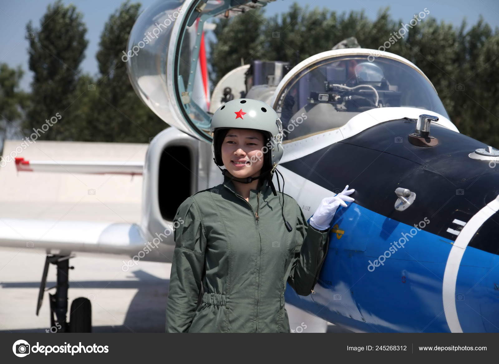 Young Female Fighter Plane Pilot Chinese Pla Air Force Poses – Stock ...