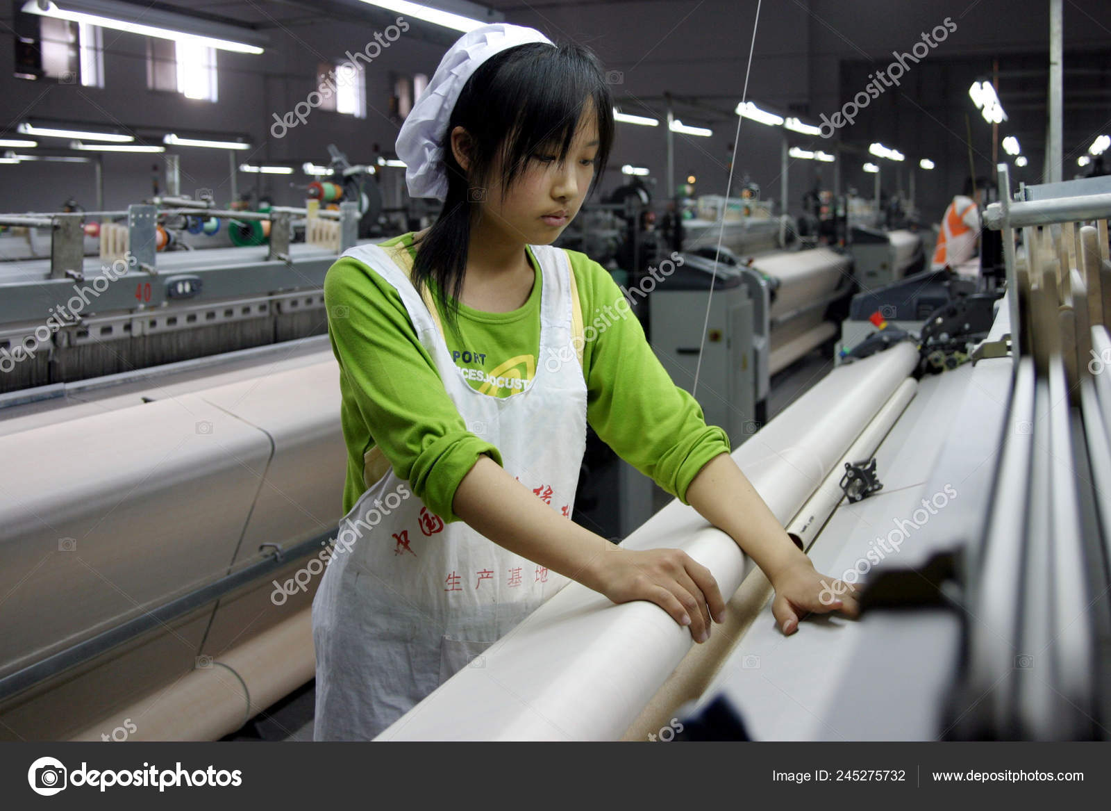 Female Chinese Factory Worker Handles Loom Textile Plant Haian East ...